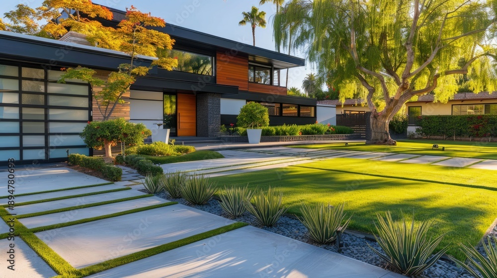 A modern front yard with a geometric lawn pattern and drought-resistant ...