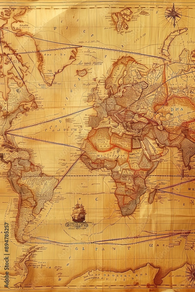 Imagine a world map that depicts major trade routes throughout history ...