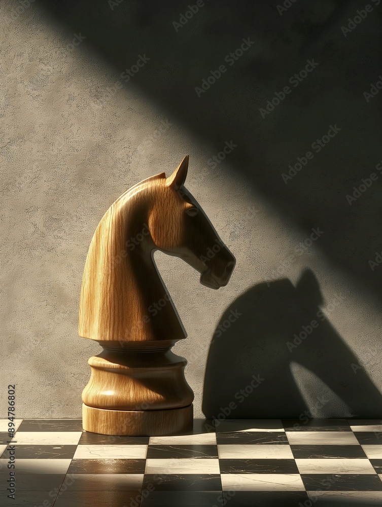 Elegant wooden knight chess piece casting a shadow. Ideal for strategy ...