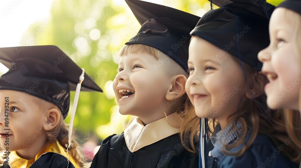 Four children in graduation caps and gowns smile for the camera. Stock ...