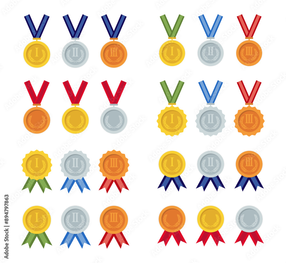 gold silver and bronze medals icon set with color ribbons and with ...