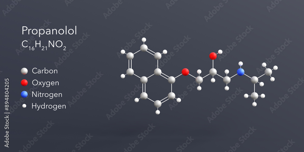 propanolol molecule 3d rendering, flat molecular structure with ...