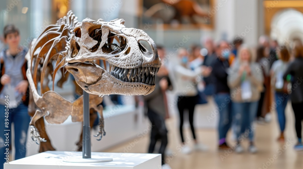 A detailed dinosaur skull exhibit draws significant visitor attention ...