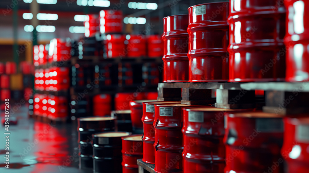 Red and black barrels filled with fossil fuels on pallets in a ...
