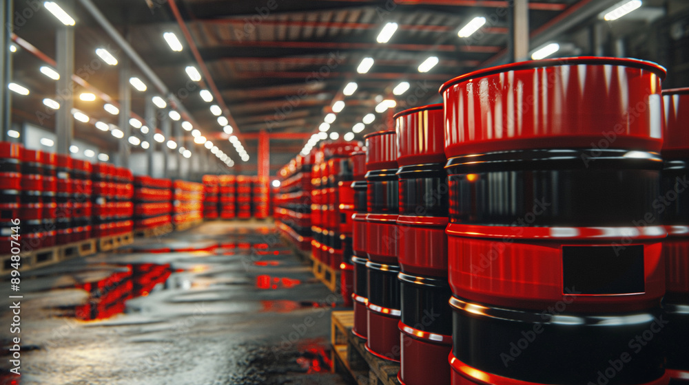 Red and black fossil fuel barrels on pallets in a well-lit warehouse ...