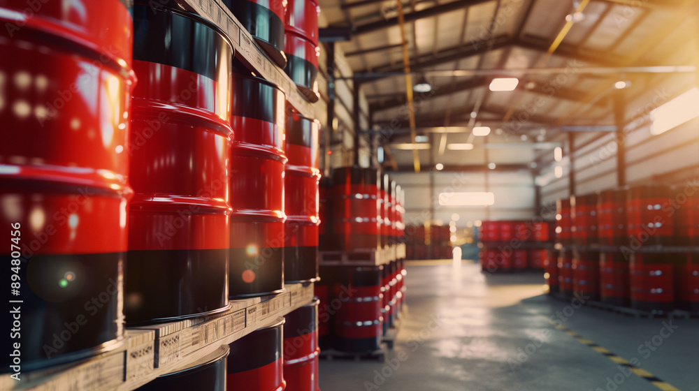 Red and black fossil fuel barrels on pallets in a well-lit warehouse ...