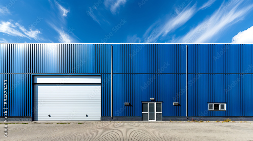 Exterior a blue industrial warehouse dock station exterior with blue ...