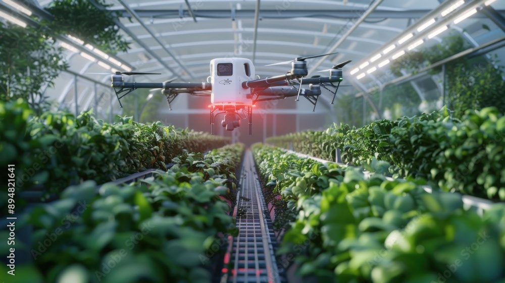high-tech farming setup with automated drones tending to crops in a ...
