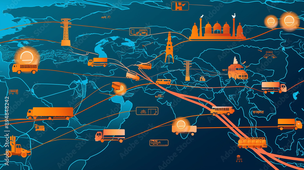 Map of India highlighting major cities and network connections. Stock ...