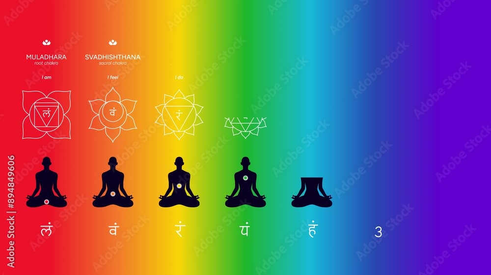 Chakras infographic, names, titles, line art symbol icons 4K motion ...