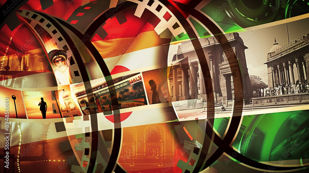 Artistic representation of a film reel with Indian cultural symbols and ...