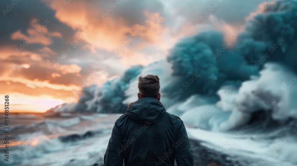 One person stands facing incredibly turbulent waves and dramatic clouds ...