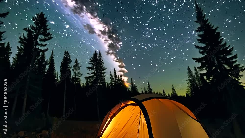 Camping tent in the forest wilderness under a starry night sky. Dark ...