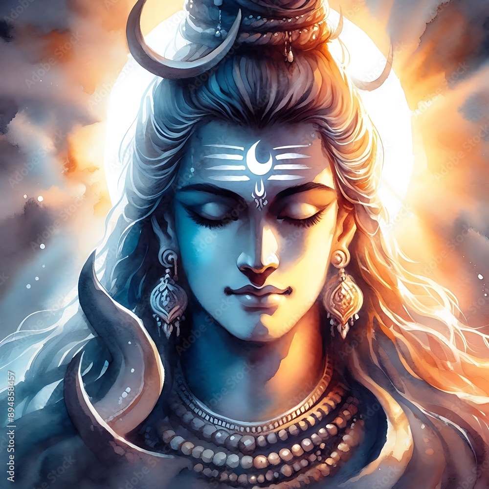 Watercolor Painting of Lord Shiva with Crescent Moon on His Head ...