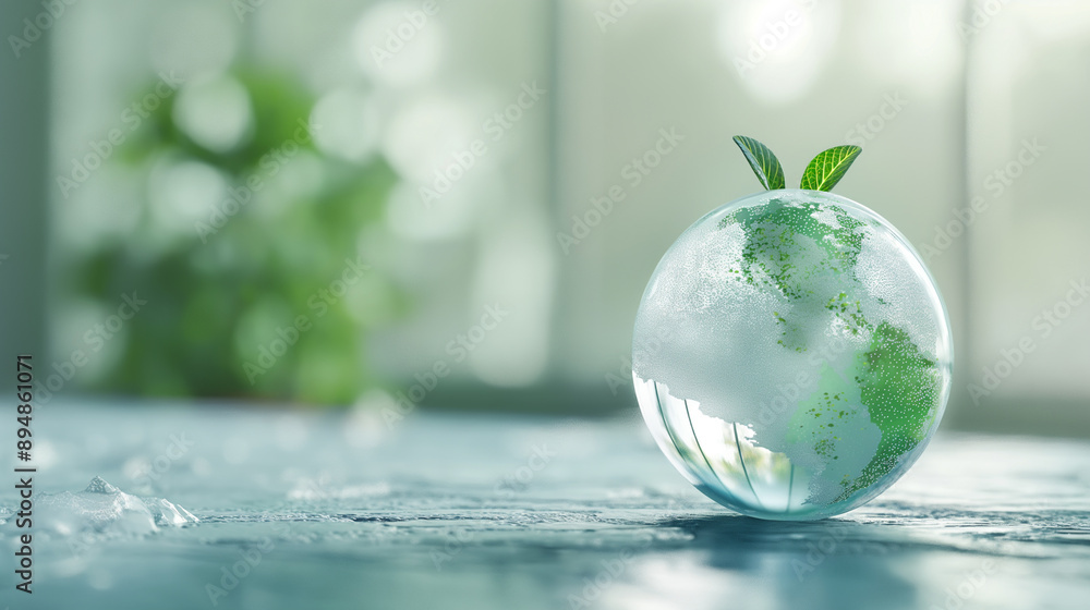 Crystal globe on a green bush Ecology concept Branches of green leaves ...