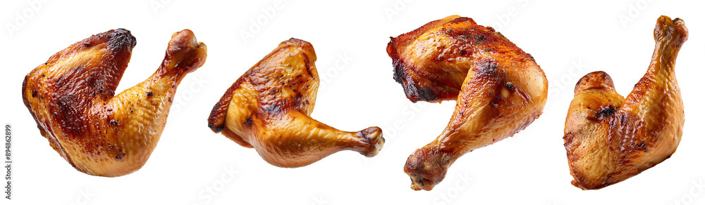 Set of Roasted grilled BBQ chicken legs with different angle, isolated ...