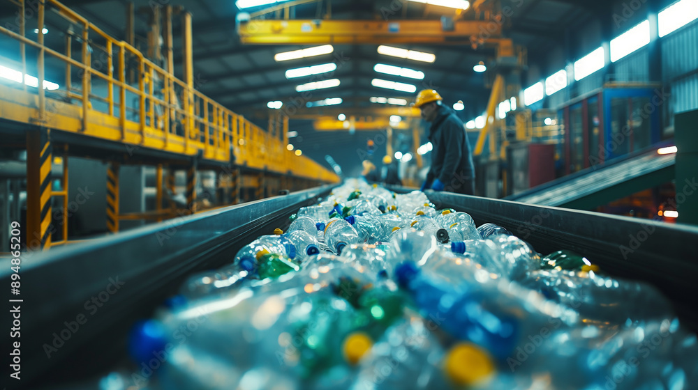 Plastic waste is transported by conveyor belt in recycling plants ...