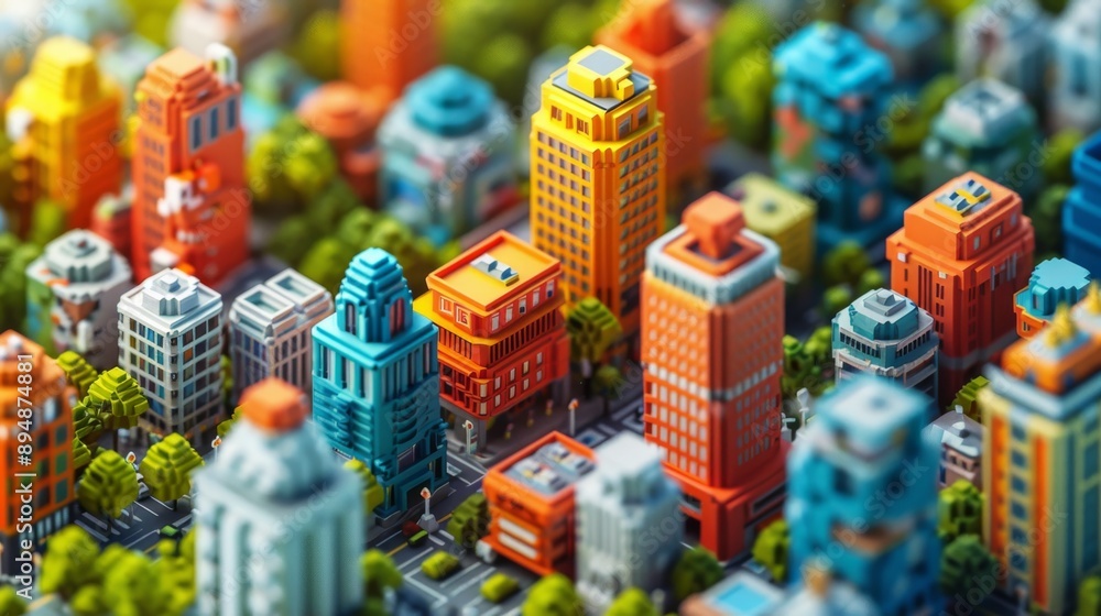 Voxel Urbanscape, A stylized cityscape composed of voxel structures ...