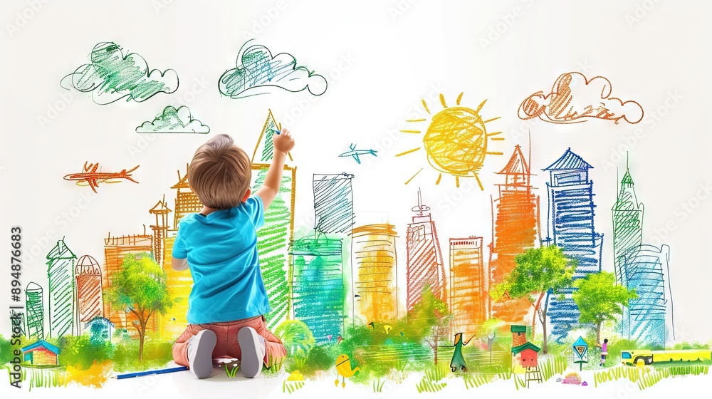 Child drawing outlines sustainability ecology save environment concept ...