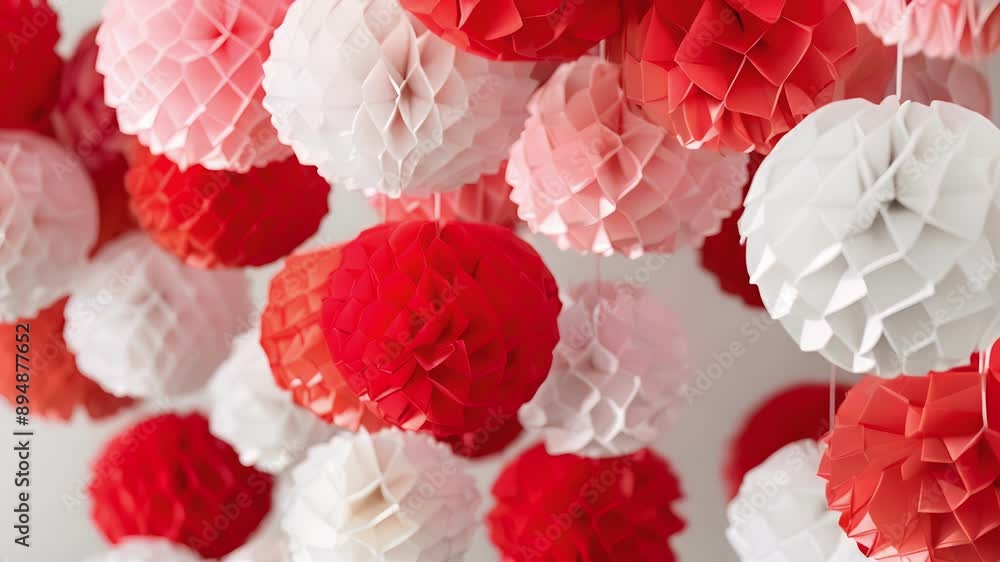 Hanging tissue paper balls in bold red and white create the illusion of ...
