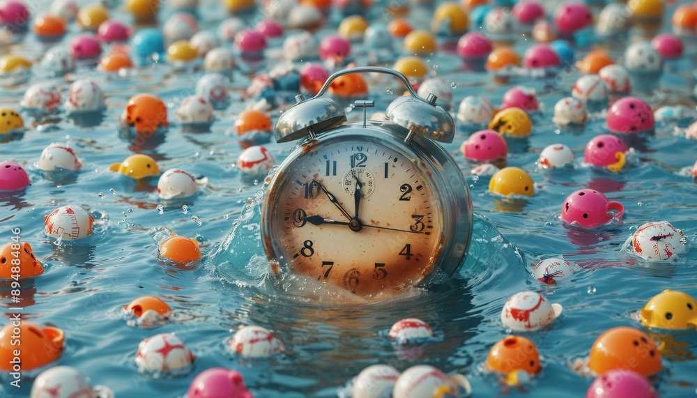 office worker drowning in sea of alarm clocks, only head visible ...