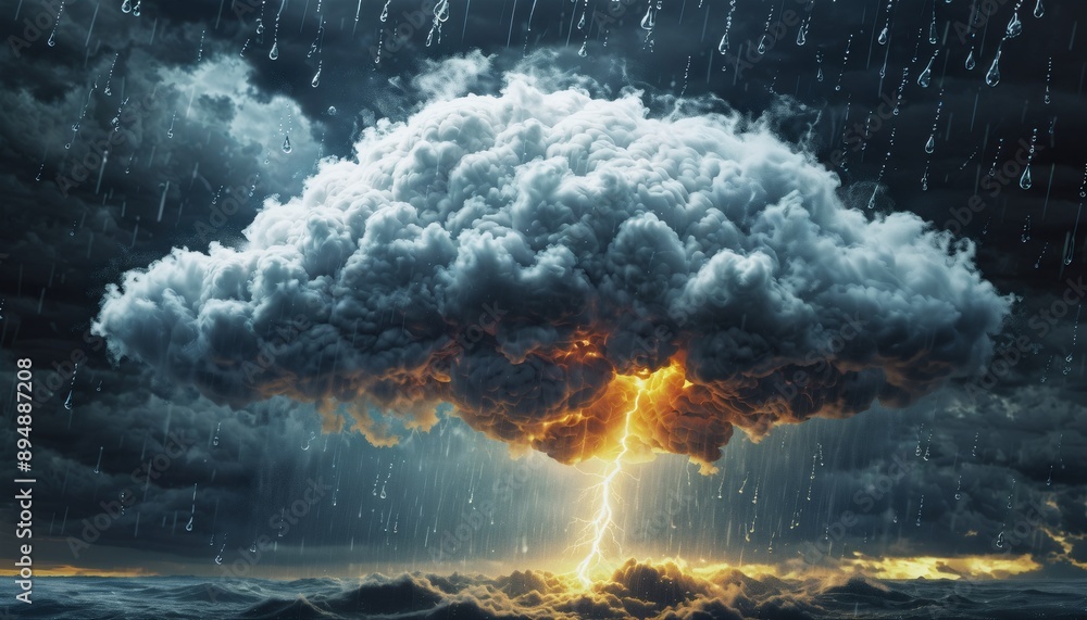 storm cloud with a glowing brain inside, dark stormy background, rain ...