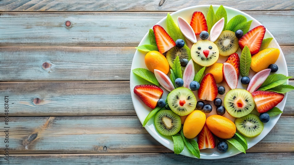 Fruit platter arranged in the shape of rabbit faces, cute and colorful ...