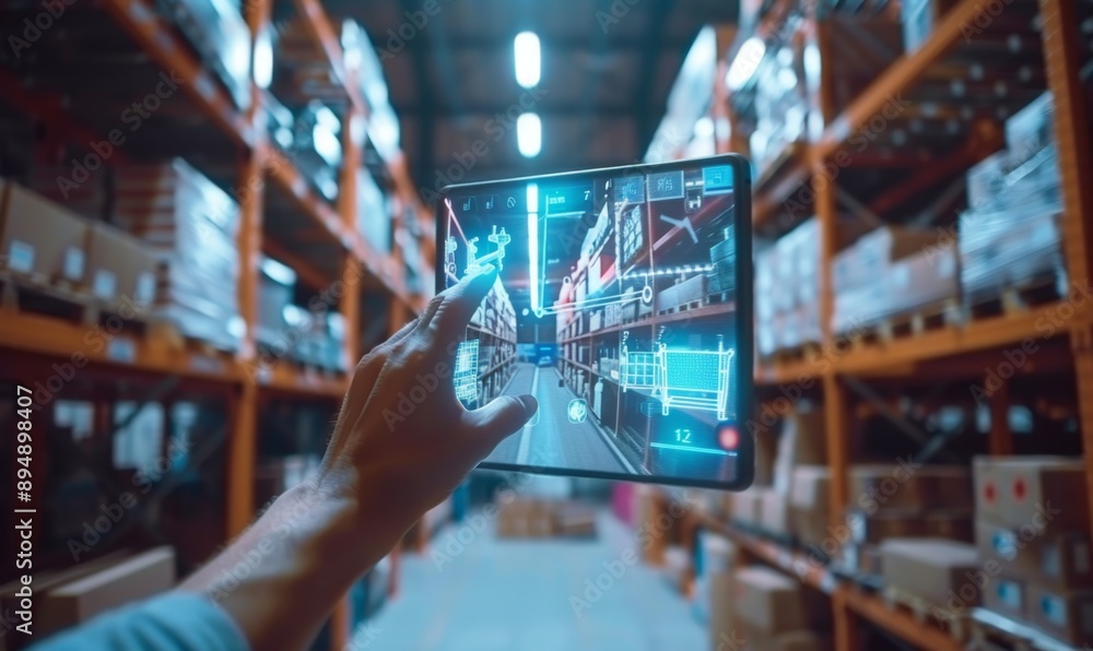 Futuristic Digital Warehouse with Augmented Reality: Smart Logistics, E-commerce, and Delivery ...