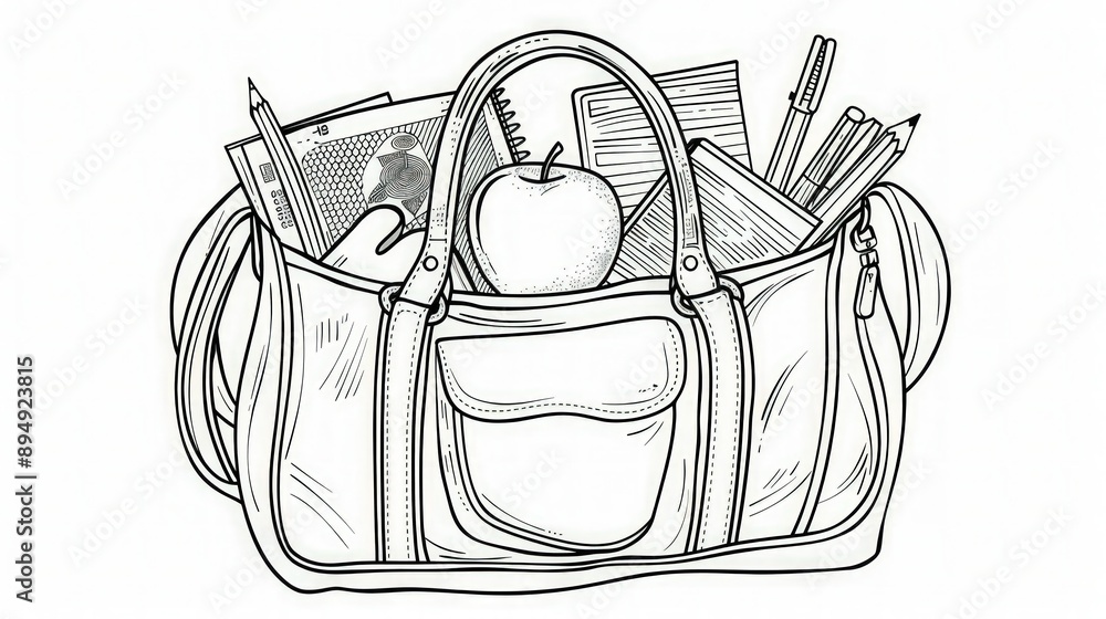 Kids' coloring page vector of a school bag with an apple and books in ...