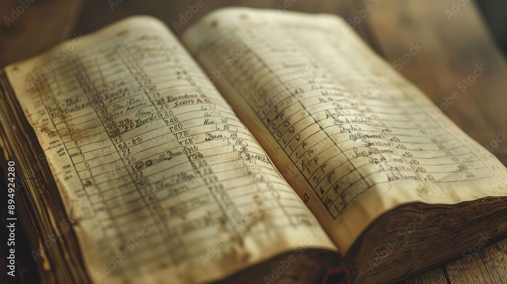 detailed scene of a traditional ledger book with pages turned by a ...