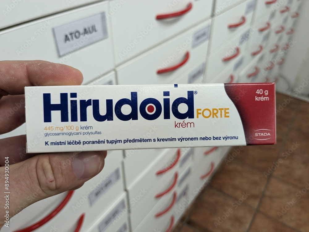 Prague, Czech Republic - July 9 2024: HIRUDOID FORTE box of cream with HEPARINOID active ...