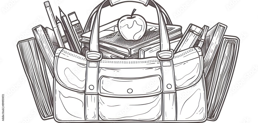 Simple line drawing of a school bag with books, suitable for children's ...