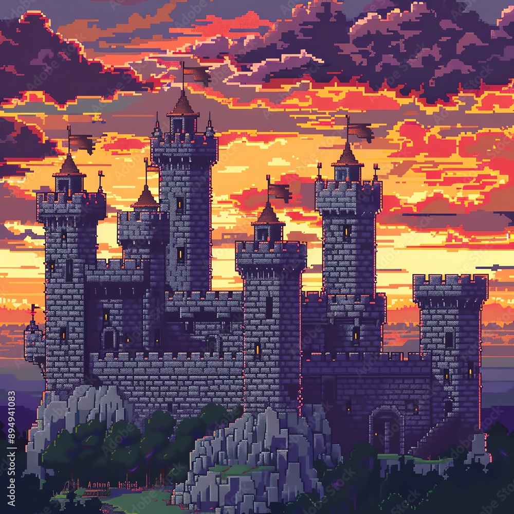 A majestic pixel art castle silhouetted against a vibrant sunset ...