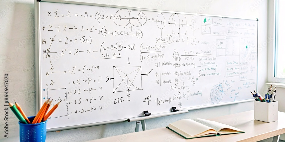 Whiteboard Covered in Complex Mathematical Equations and Diagrams. A ...