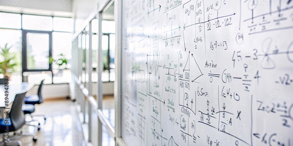 Whiteboard Covered in Complex Mathematical Equations and Diagrams. A ...