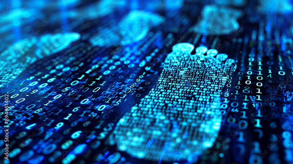 Cybersecurity digital footprints made of binary code, highlighting the importance of ...