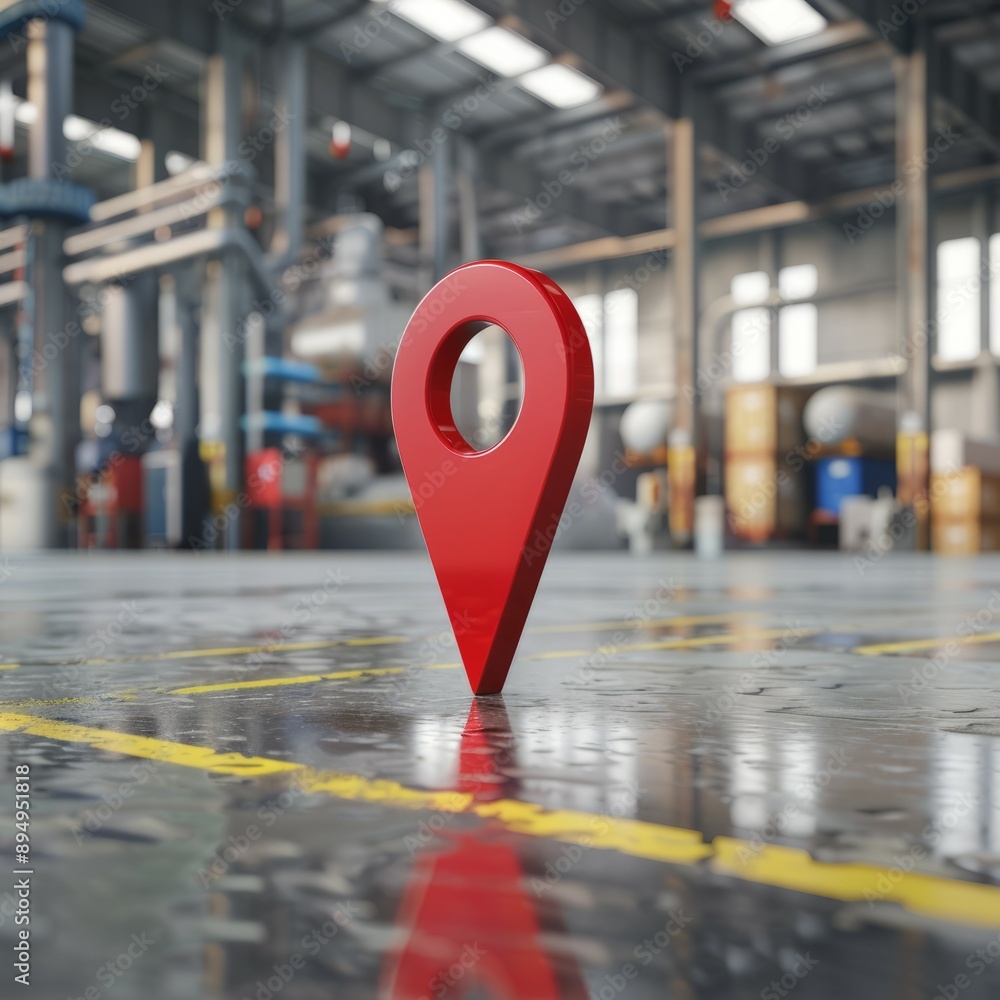 Red location pin on industrial floor. Red location pin marker on a ...