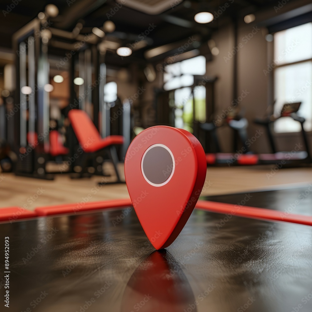 Gym location pin. Red map pin in a fitness center, indicating the spot ...