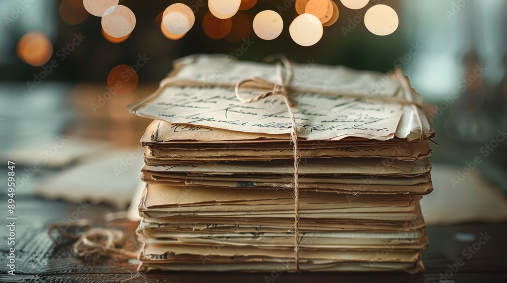 Stack of old letters tied with string. A stack of old, handwritten ...