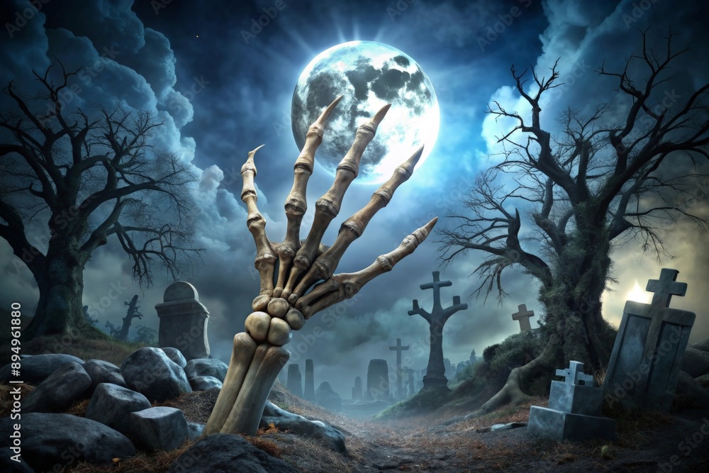 Decaying skeletal hand clawing its way out of graveyard ground Stock ...