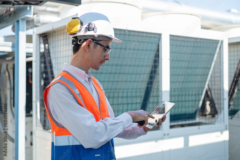 Engineer under checking the industry chilled water fan coil unit air ...