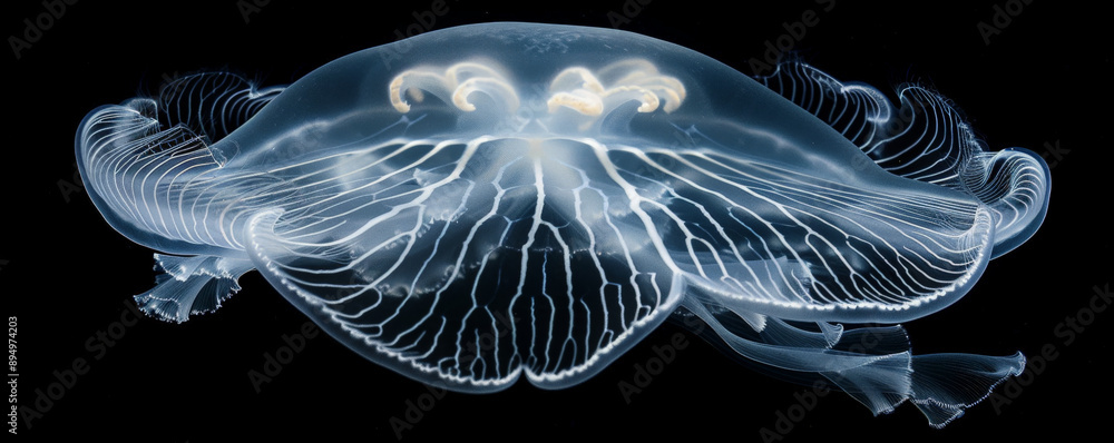 A serene image of a moon jellyfish floating gracefully on a black ...