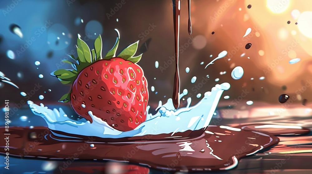 A depiction of a strawberry tumbling into a pool of water while a stick ...