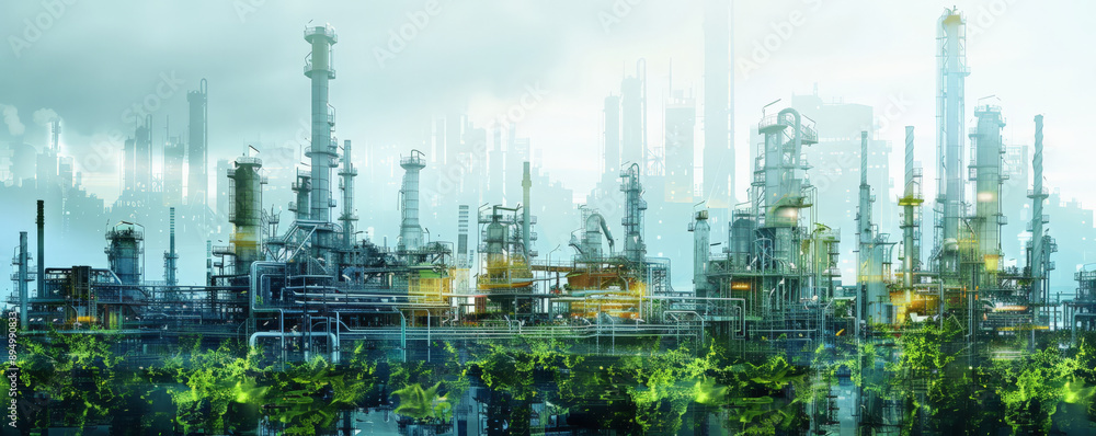 Innovative double exposure of an oil refinery plant with a futuristic ...