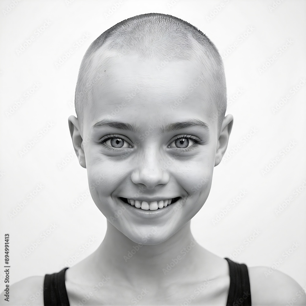 Niña con cancer, sin cabello, sonriente, a pesar de su enfermedad se ...