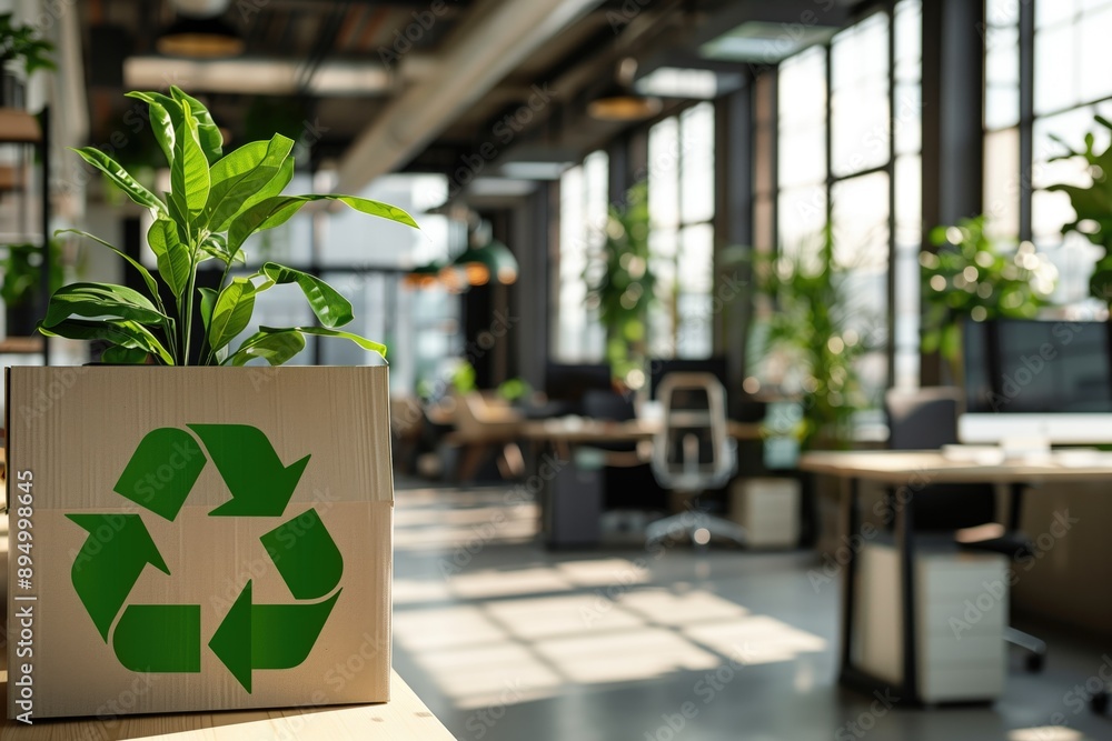 Eco-friendly office environment with recycling box and green plants in ...