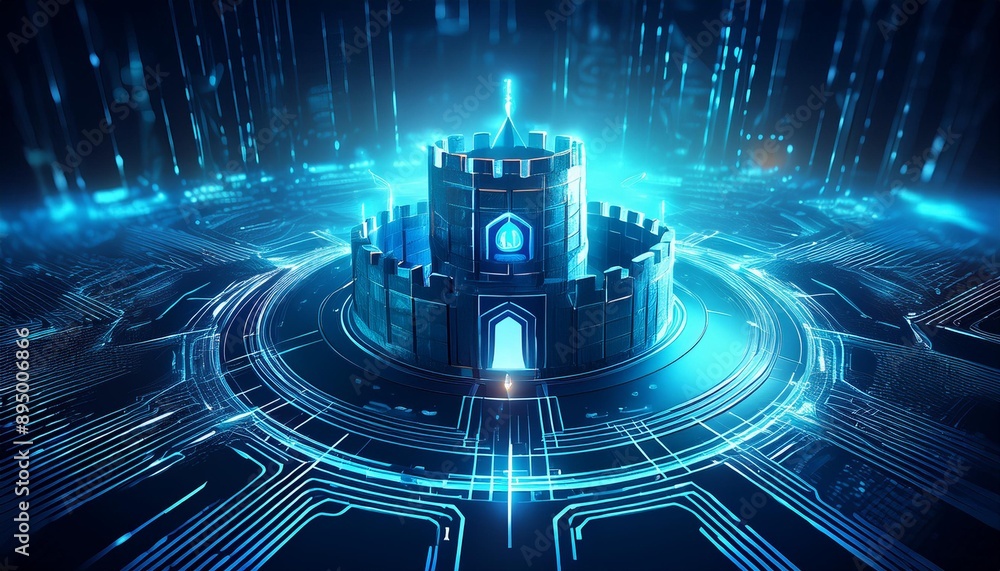 A digital fortress surrounded by firewalls and shields, symbolizing ...