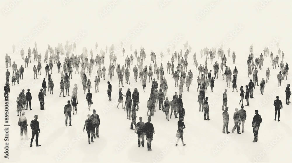 black and white illustration of a sparse crowd of tiny business people ...
