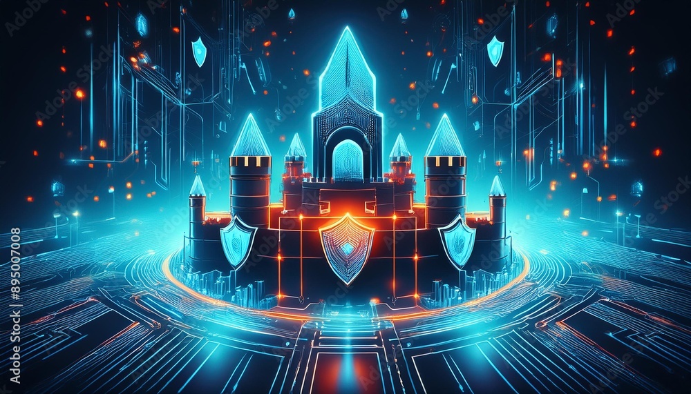 A digital fortress surrounded by firewalls and shields, symbolizing ...