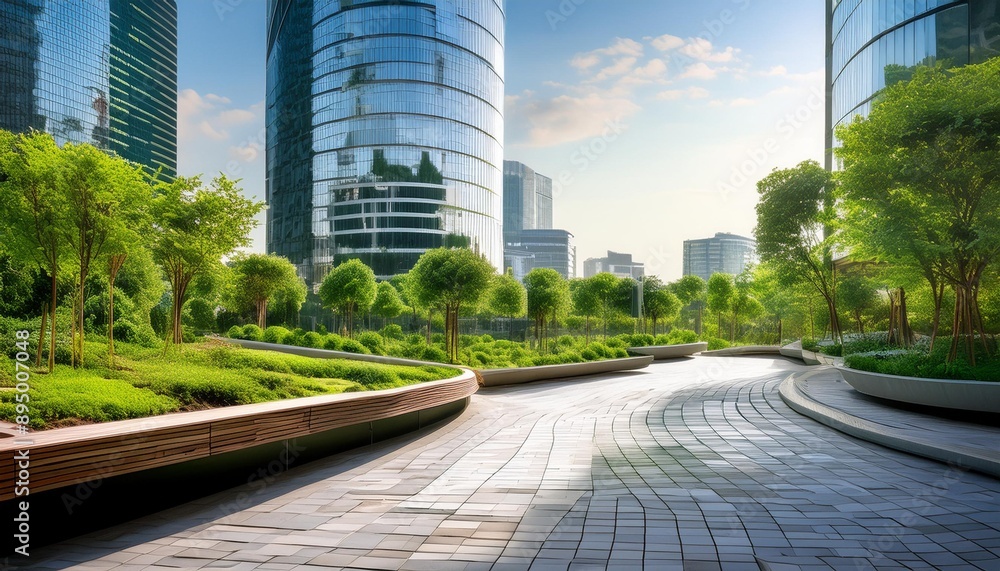 a green urban park with modern landscaping, recreational areas, and ...